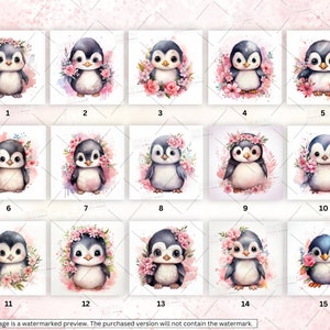 25 Watercolor Cute Baby Penguins Clipart Bundle, Floral Baby Penguin ...