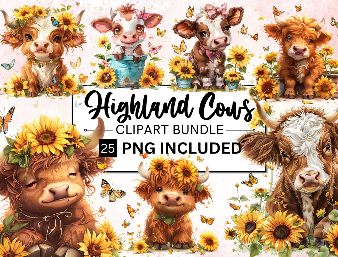 25 Watercolor Sunflower Highland Cows PNG Clipart, Baby Cow Clipart ...
