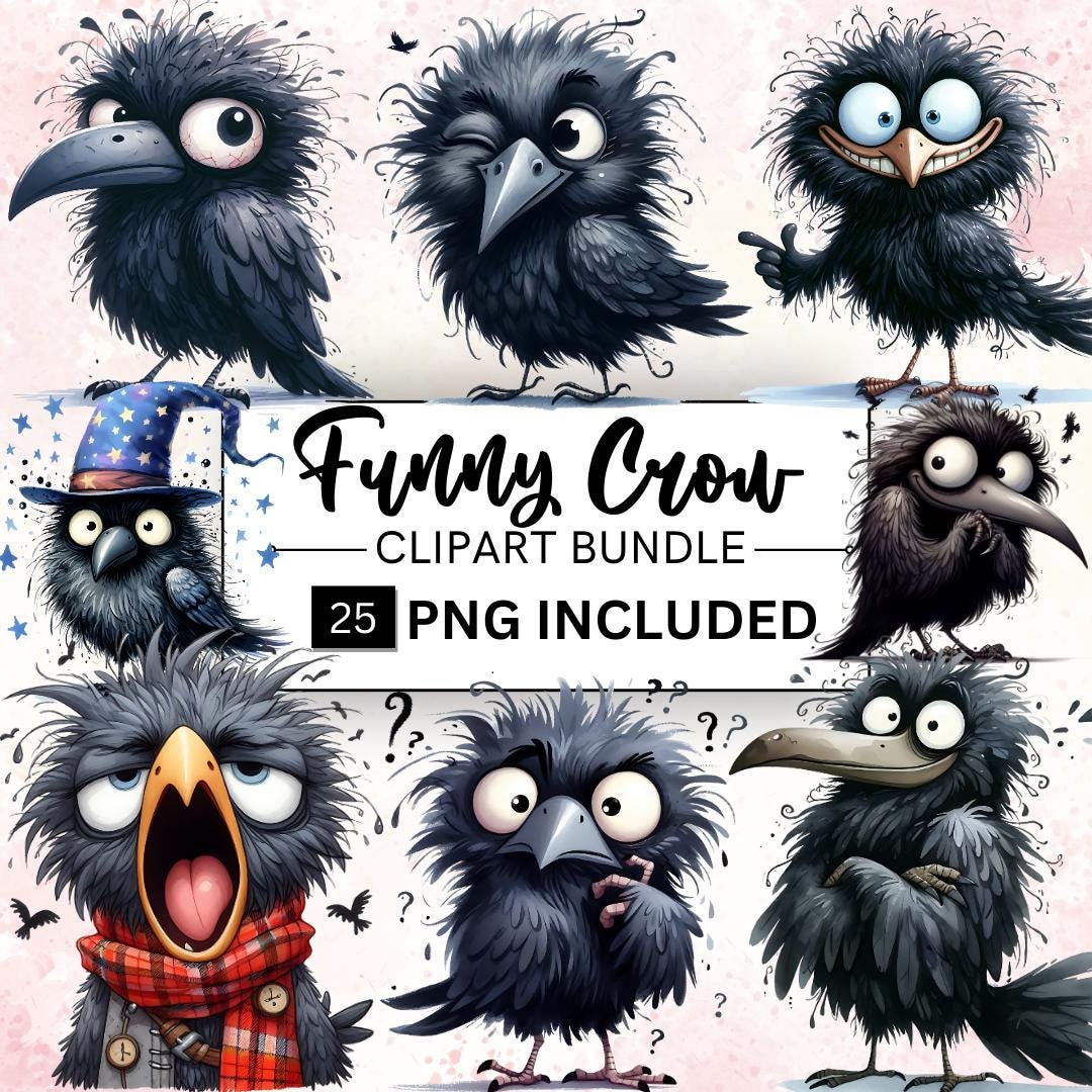 25 Funny Crows Clipart Bundle, Cute Caricature Birds PNG, Cute Quirky Crow, Cartoon Black Bird ...
