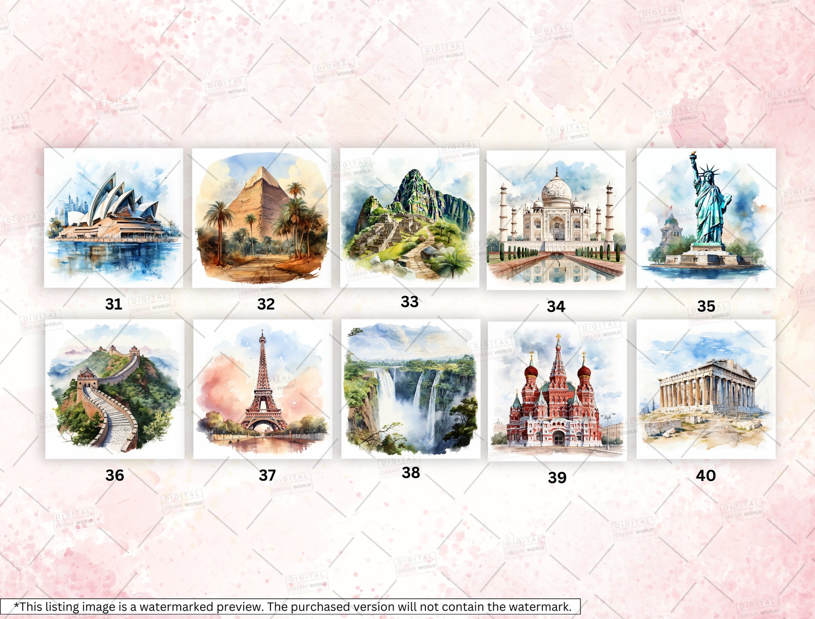 Watercolor World Landmarks Clipart, Travel Illustrations (40 PNG) - Etsy