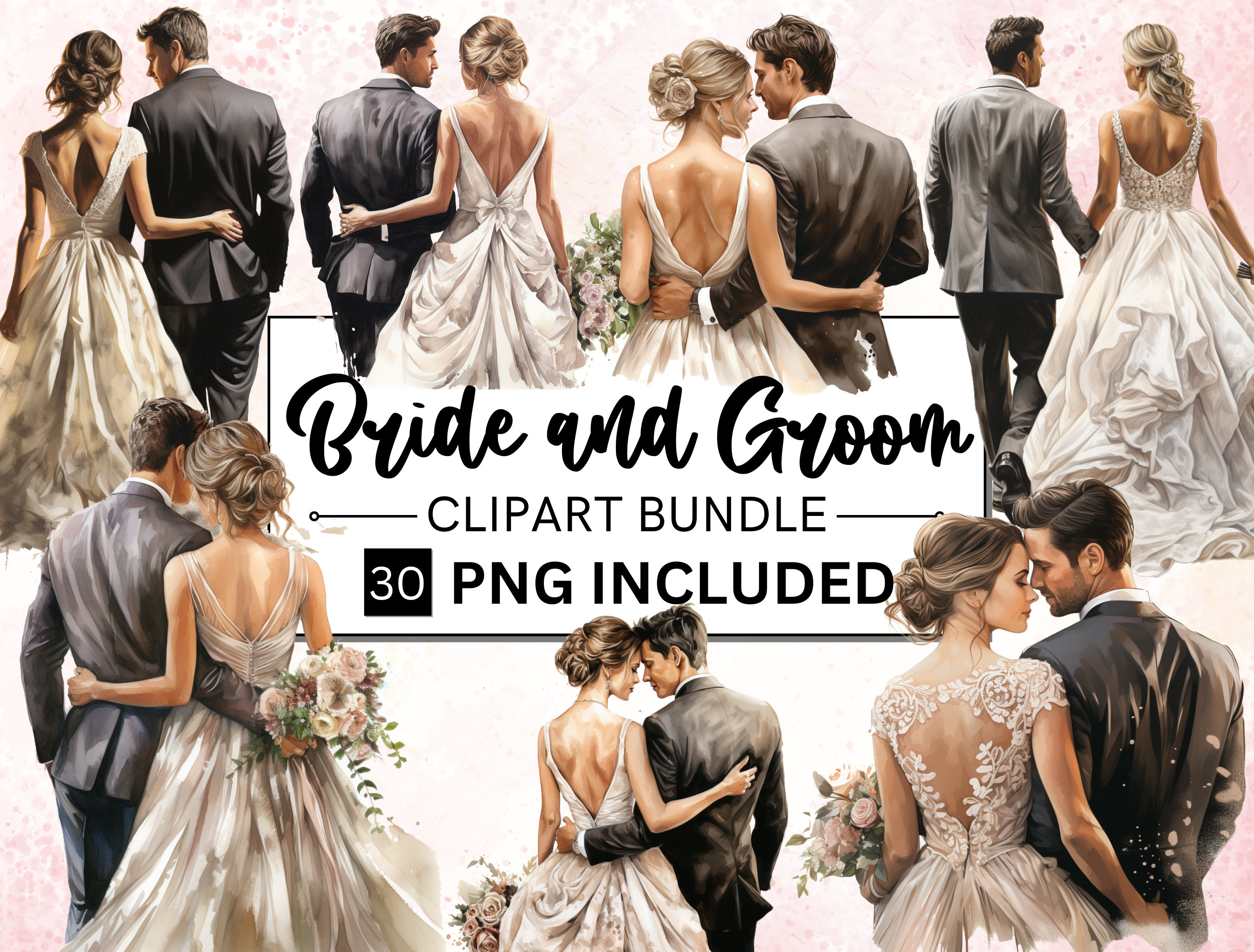 30 Bride and Groom Back Clipart, Wedding Day Clipart PNG, Marriage ...