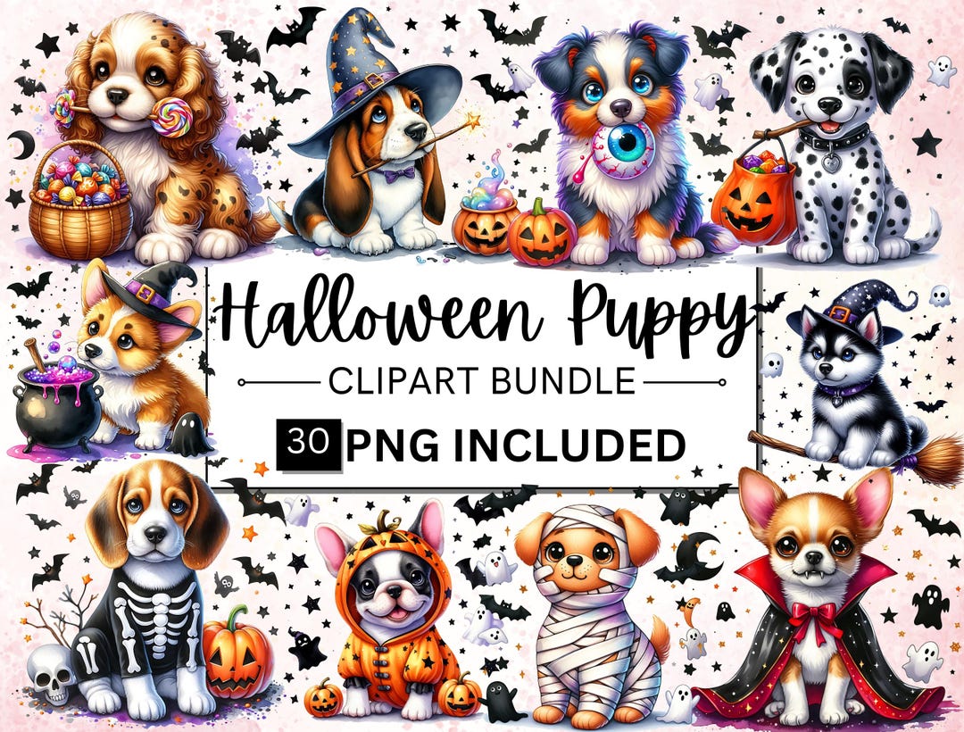 30 Watercolor Halloween Dogs Clipart Bundle, Cute Halloween Animals PNG ...