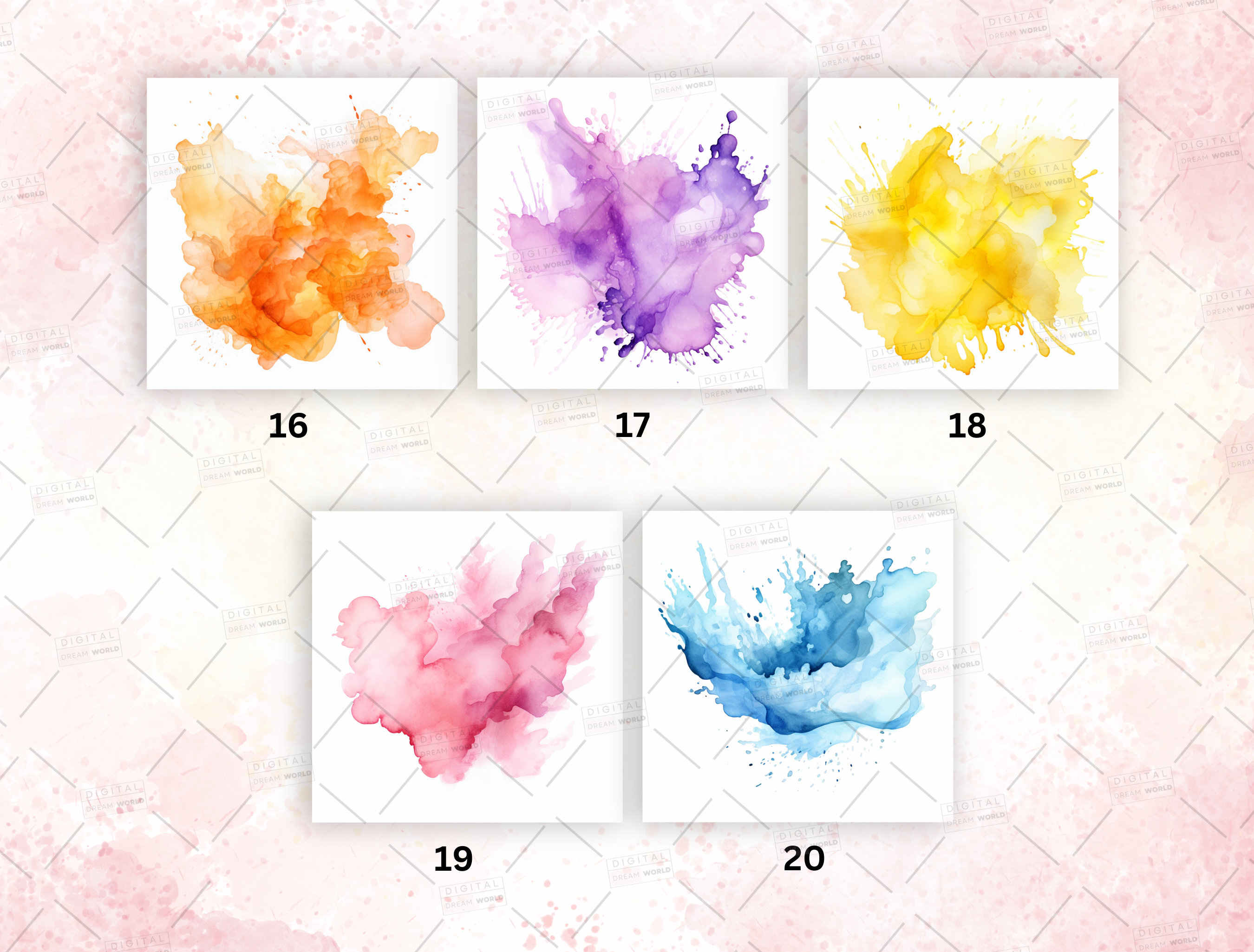 20 Pastel Watercolor Alcohol Ink Splash Clipart, Paint Splatter PNG ...