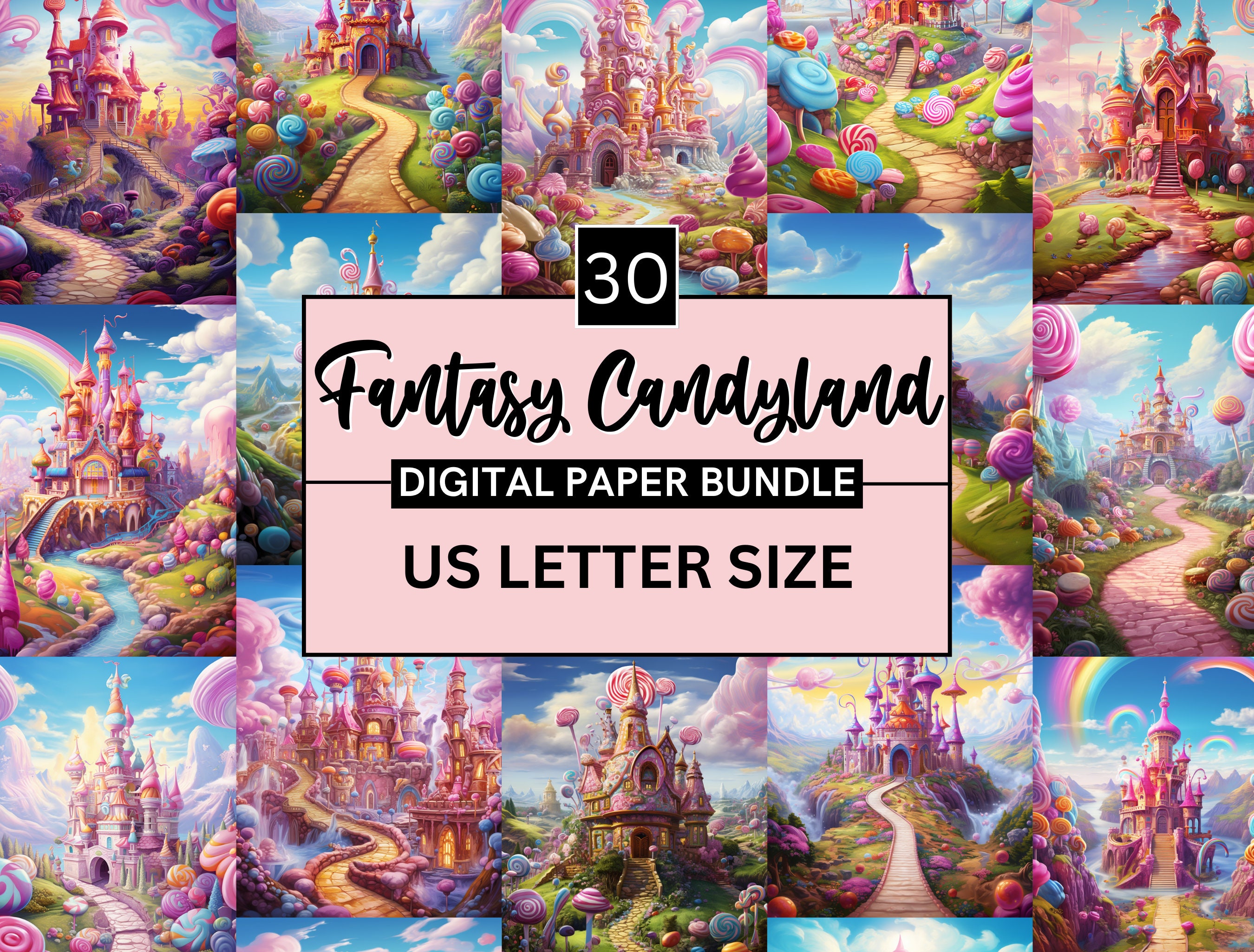 30 Printable Fantasy Candyland Digital Paper, Kawaii Landscape ...
