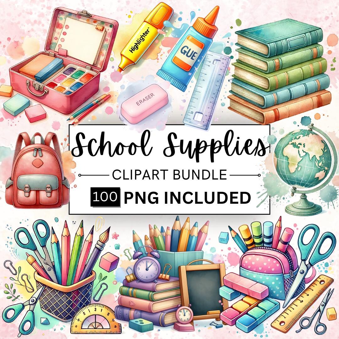 100 Watercolor School Supplies Clipart Bundle, Back to School PNG ...