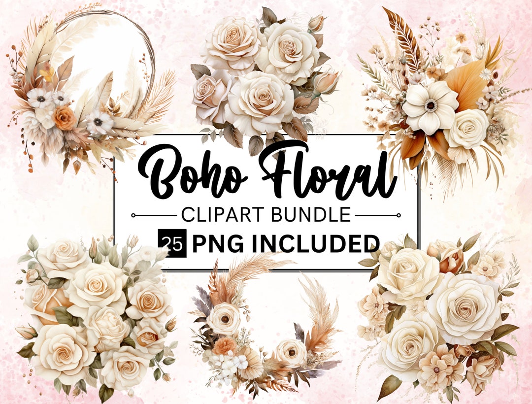 25 PNG Watercolor Elegant Boho Floral Clipart, Boho Flowers Clip Art ...