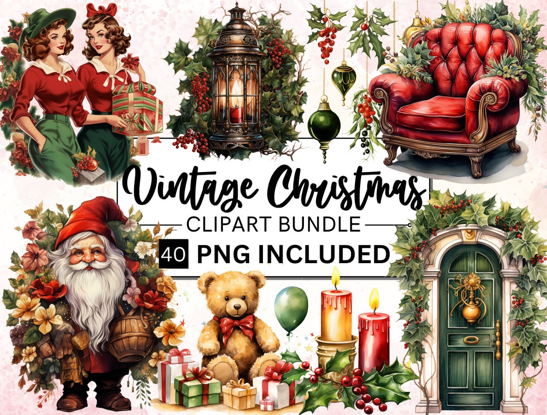 40 Retro Vintage Christmas Clipart Collection, Watercolor Winter ...
