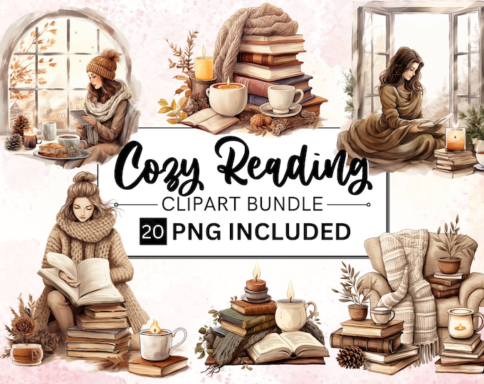 20 Watercolor Bookworm Life Clipart, Cozy Home Library Clipart, Cozy ...