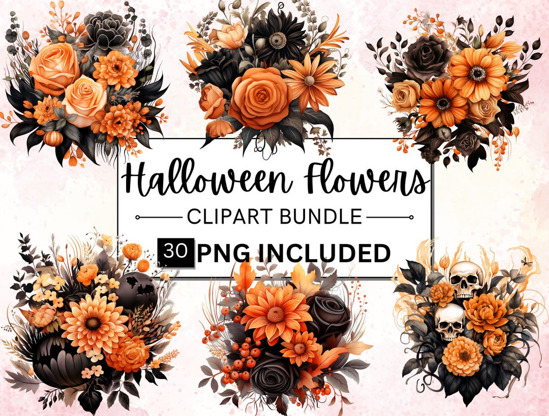Watercolor Halloween Flowers Clipart, Orange and Black Florals (digital ...