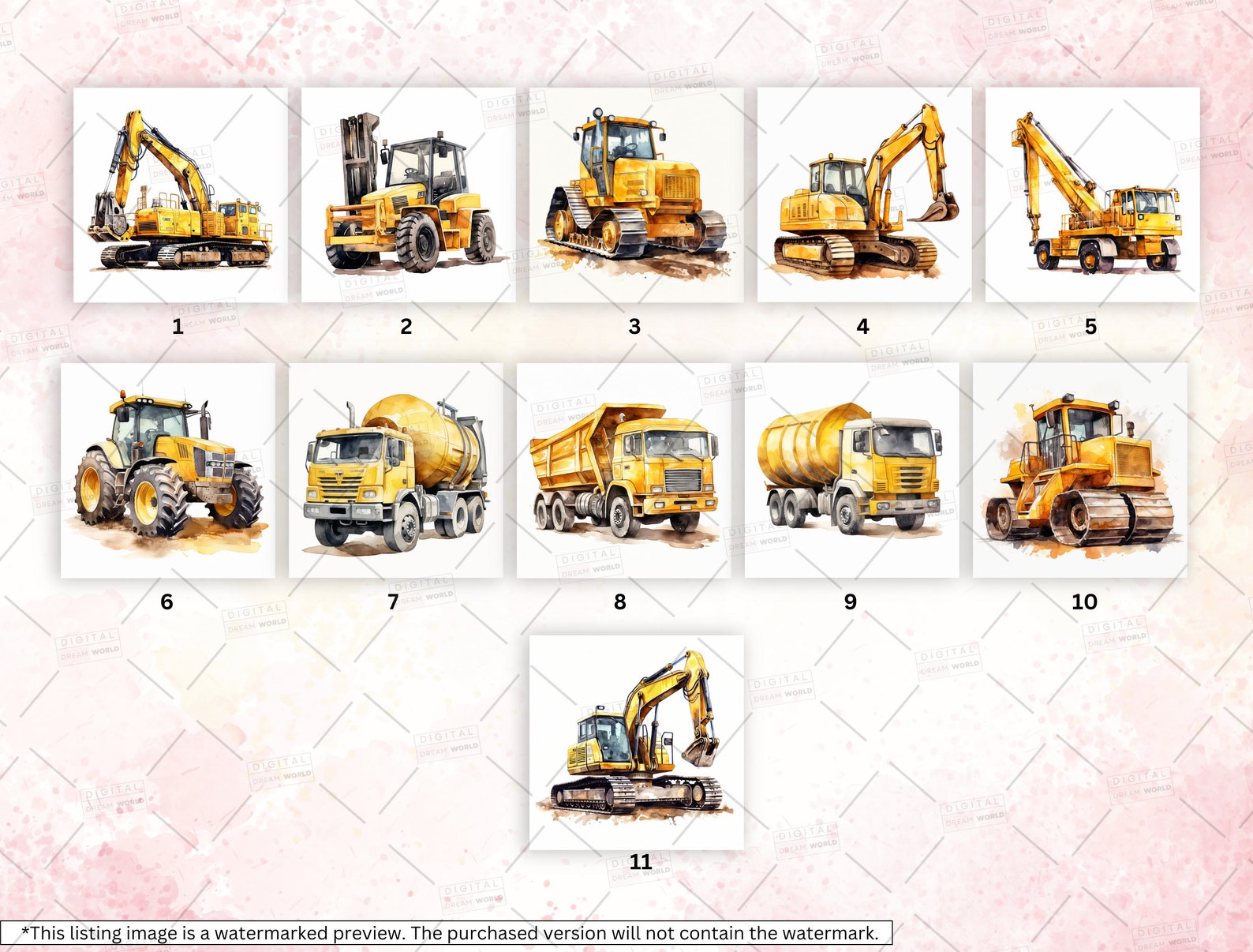 11 Watercolor Construction Vehicles Clipart, Bulldozer , Cement Truck ...
