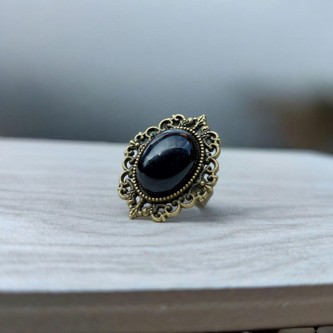Black Agate Ring - Bronze Victorian Gothic Ring With Filigree Setting ...