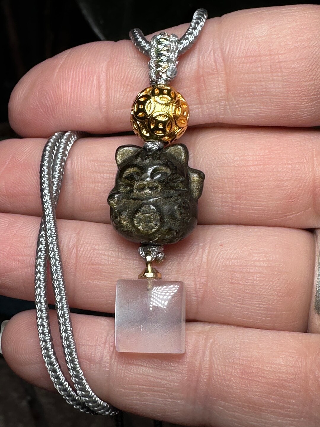 Lucky Cat Golden Obsidian Lucky Cat With Moonstone and Golden Bead ...
