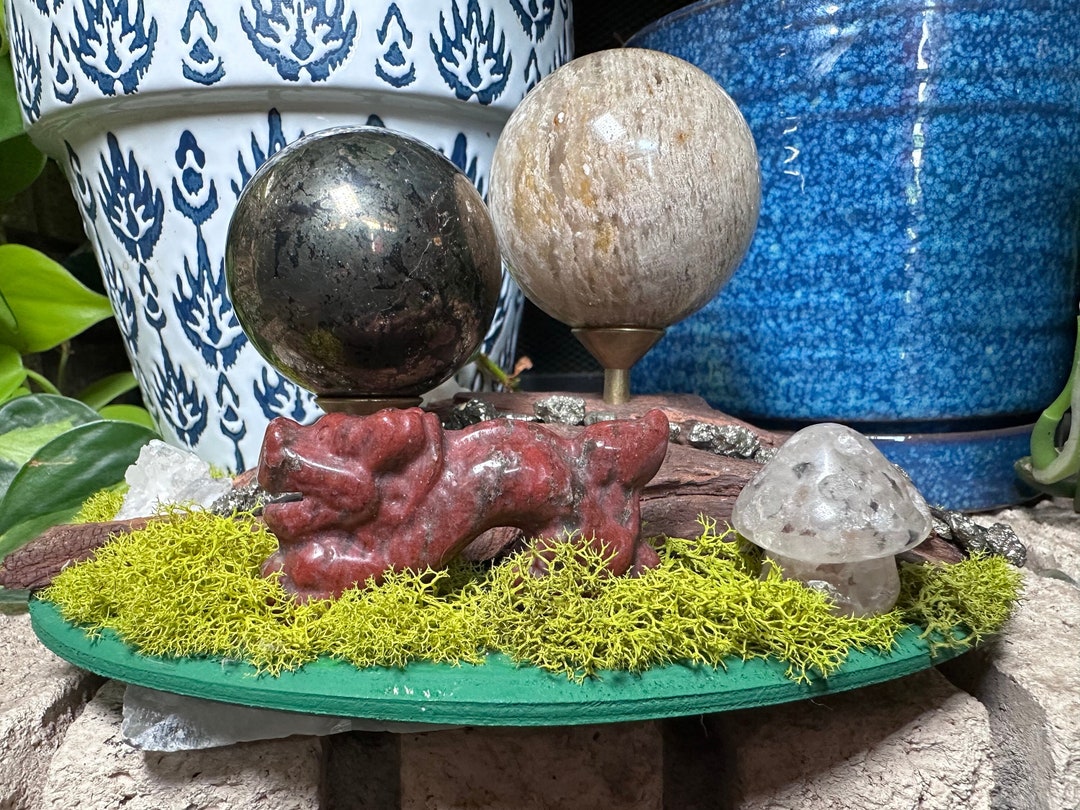 2 Spot Tree Branch Sphere Stand With Dragon, Mushroom, Golden Pyrite ...