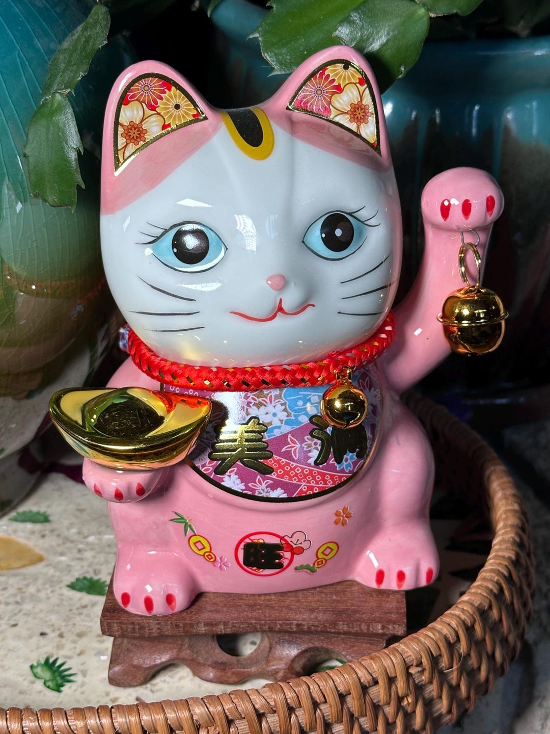 Pink OR Yellow Porcelain Ceramic Lucky Cat. Money Cat, Fortune Cat ...