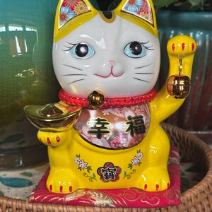 Pink OR Yellow Porcelain Ceramic Lucky Cat. Money Cat, Fortune Cat ...