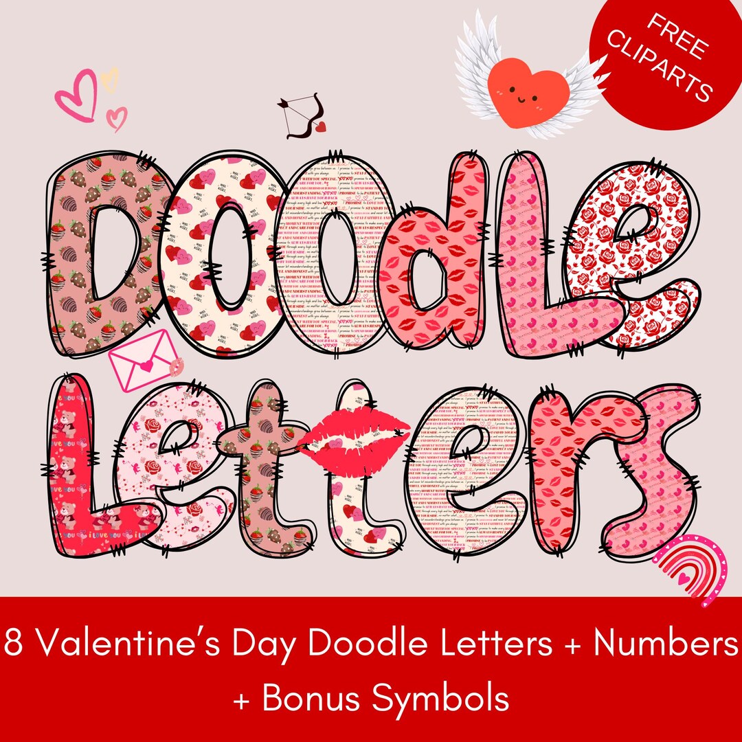 Valentines Day Doodle Letters Clip Art & Numbers, Alphabet Set, Retro ...