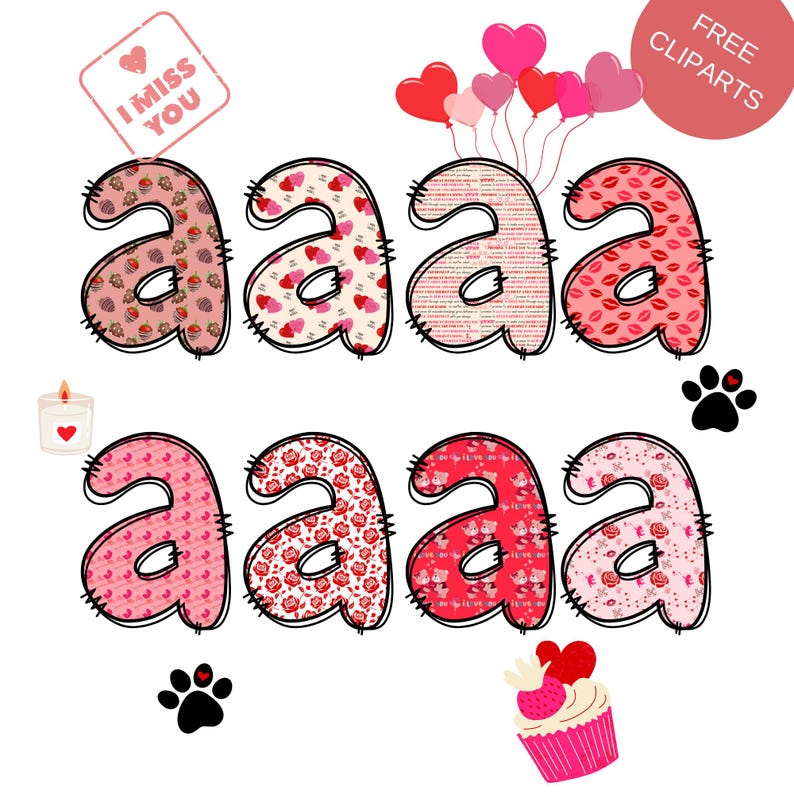Valentines Day Doodle Letters Clip Art & Numbers, Alphabet Set, Retro ...