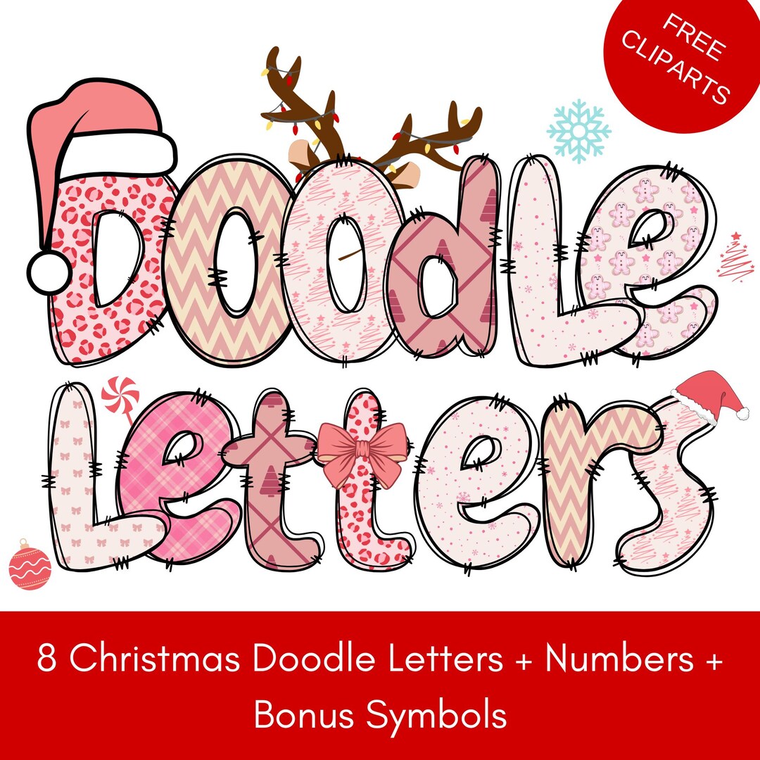 Pink Christmas Doodle Letters Clip Art & Numbers, Alphabet Set, Retro ...