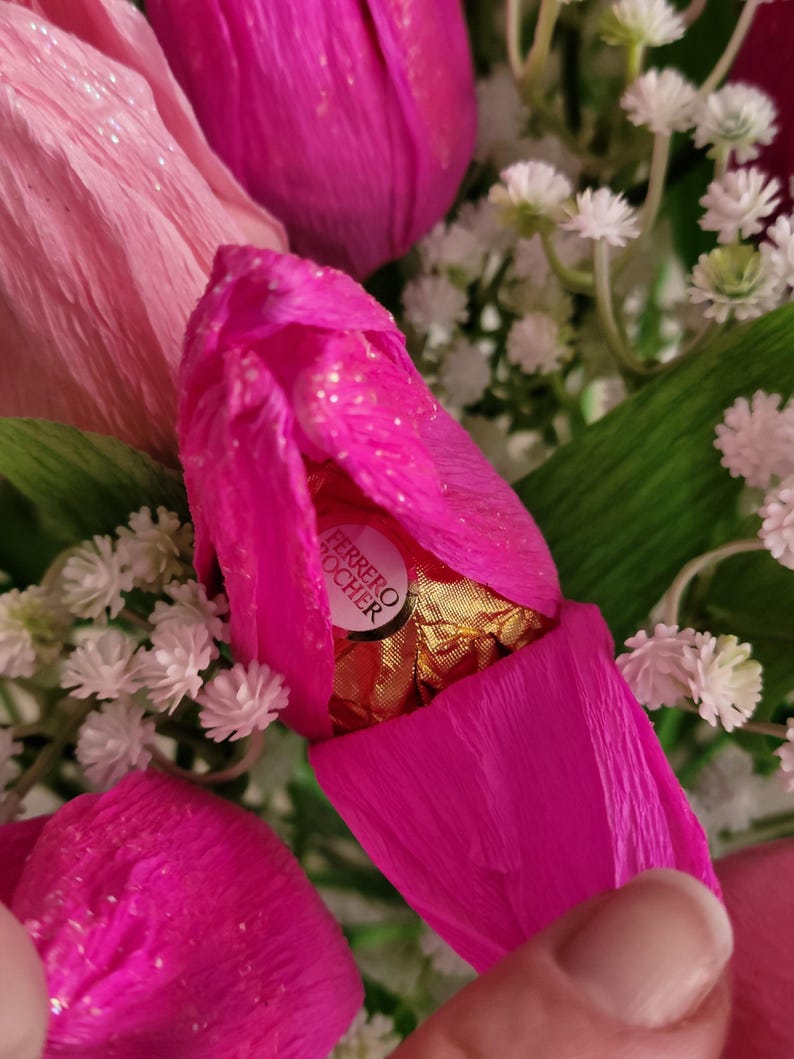 Small Basket of Ferrero Rocher Chocolate Flowers (tulips) – Crepe Paper ...