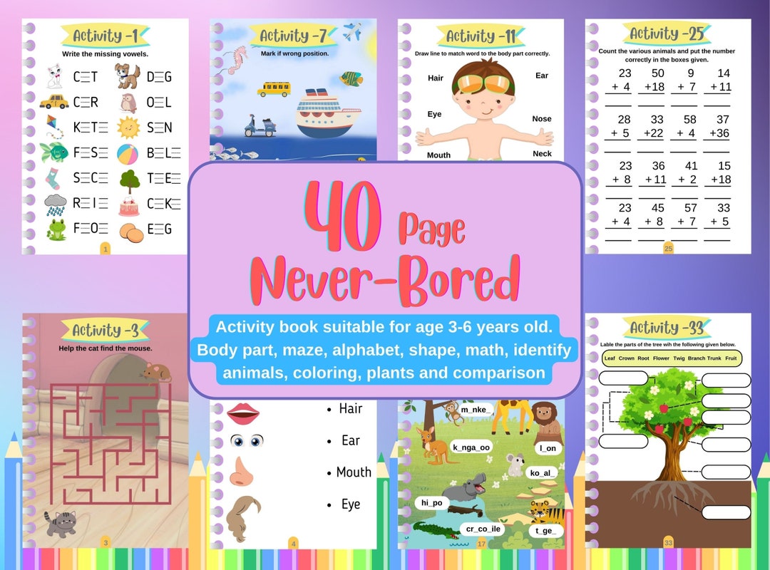 40 Page Never Bored Worksheet / Activity for Preshool 3-6y All in Math ...