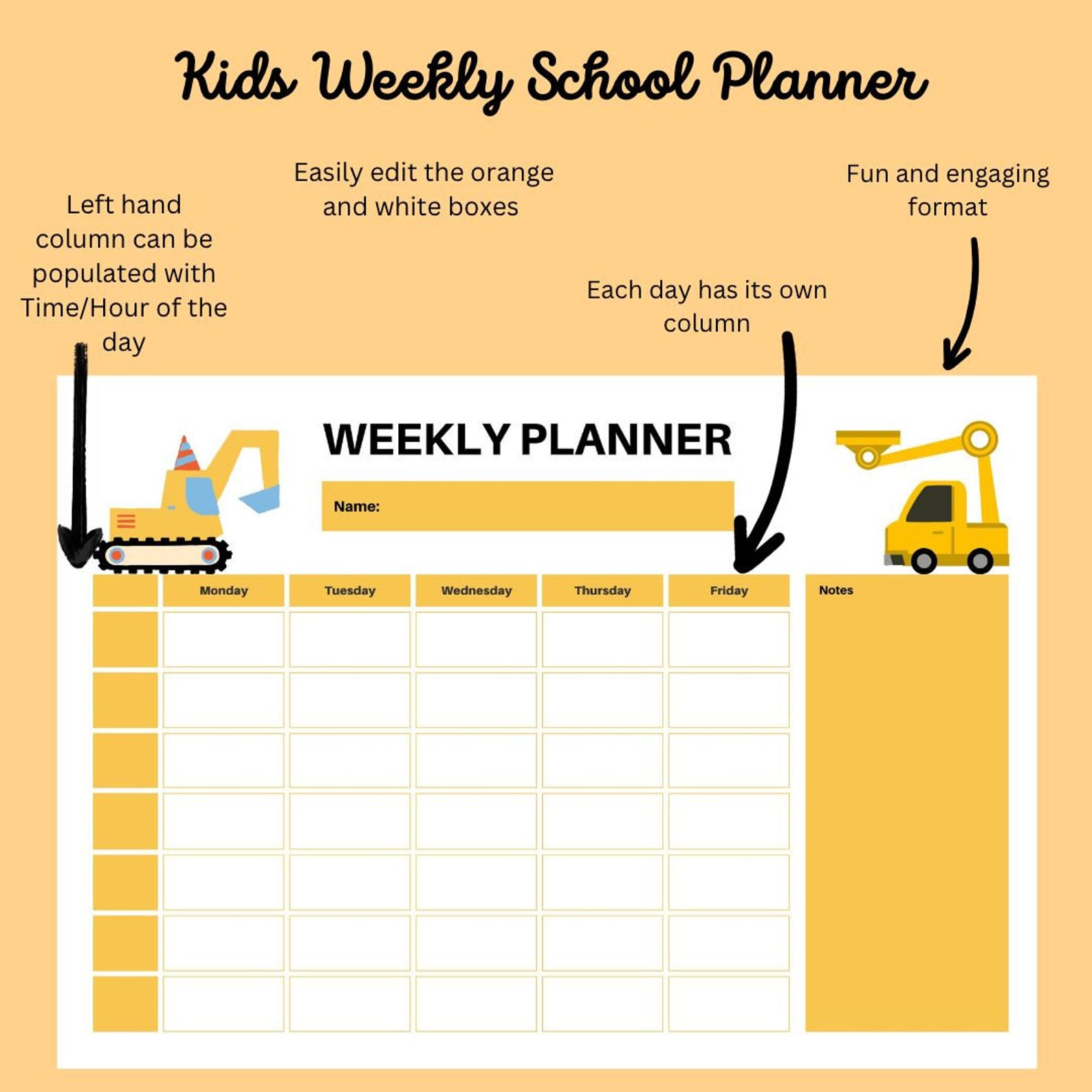 Printable Boys & Girls Kids Weekly School Planner, Timetable Chart ...