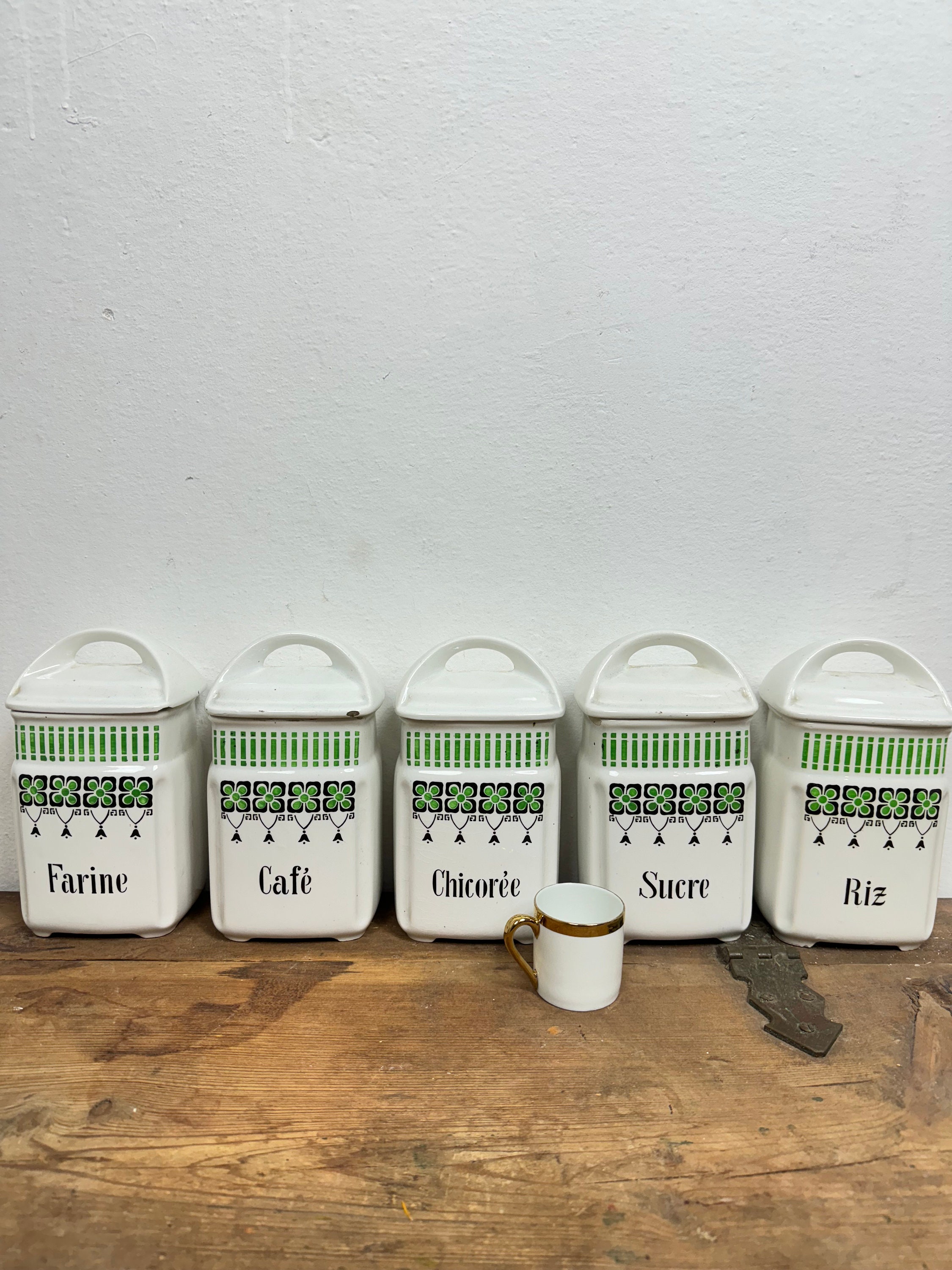 Vintage Labeled Kitchen Canisters Containers Jars II Green and White ...