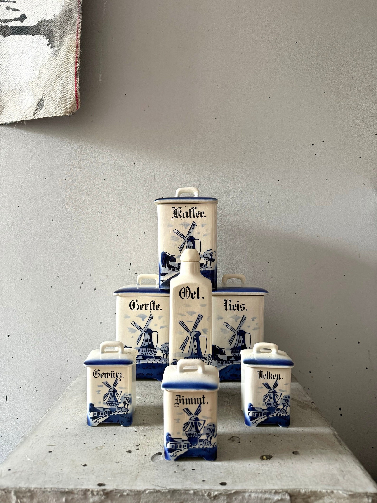 Ceramic Vintage Kitchen Containers II Blue White II Olive Oil Bottle II ...