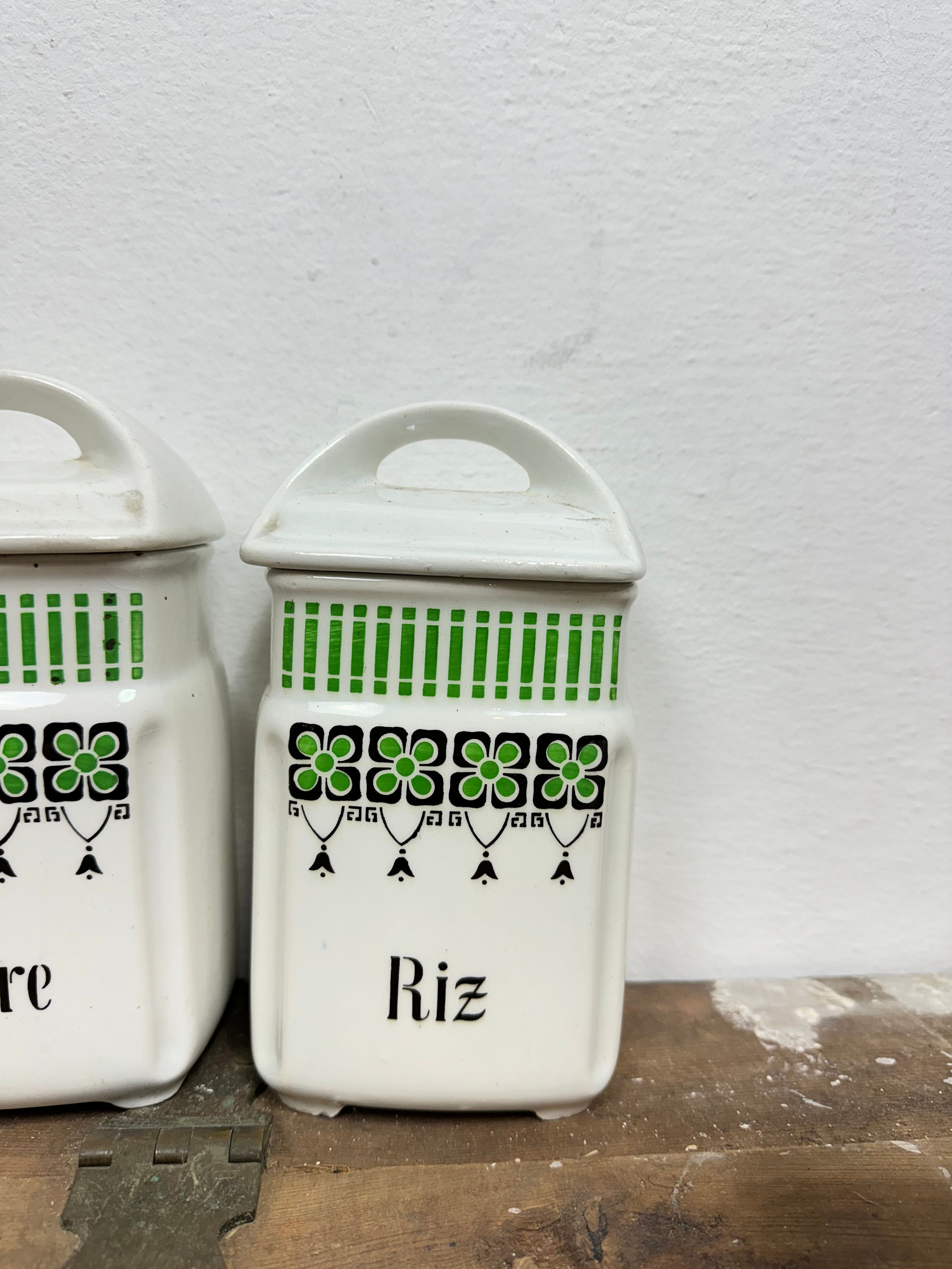Vintage Labeled Kitchen Canisters Containers Jars II Green and White ...