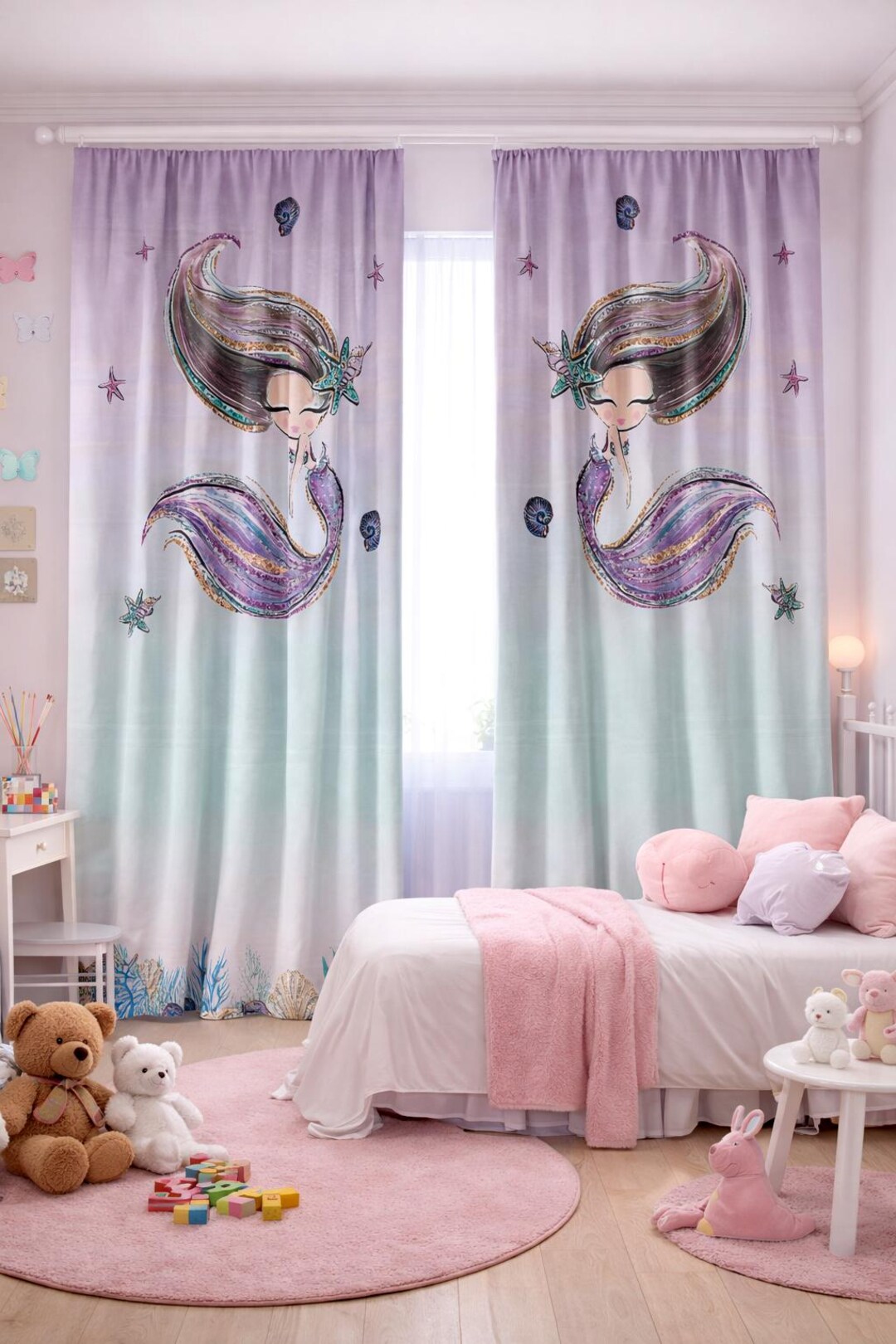 Mermaid Kids Room Curtain - Ocean Mermaid Girl Theme Window Drapes ...