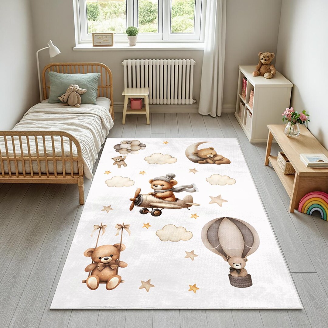 Teddy Bear Airplane Kids Rug, Baby Nursery Play Rug, Neutral Bear ...