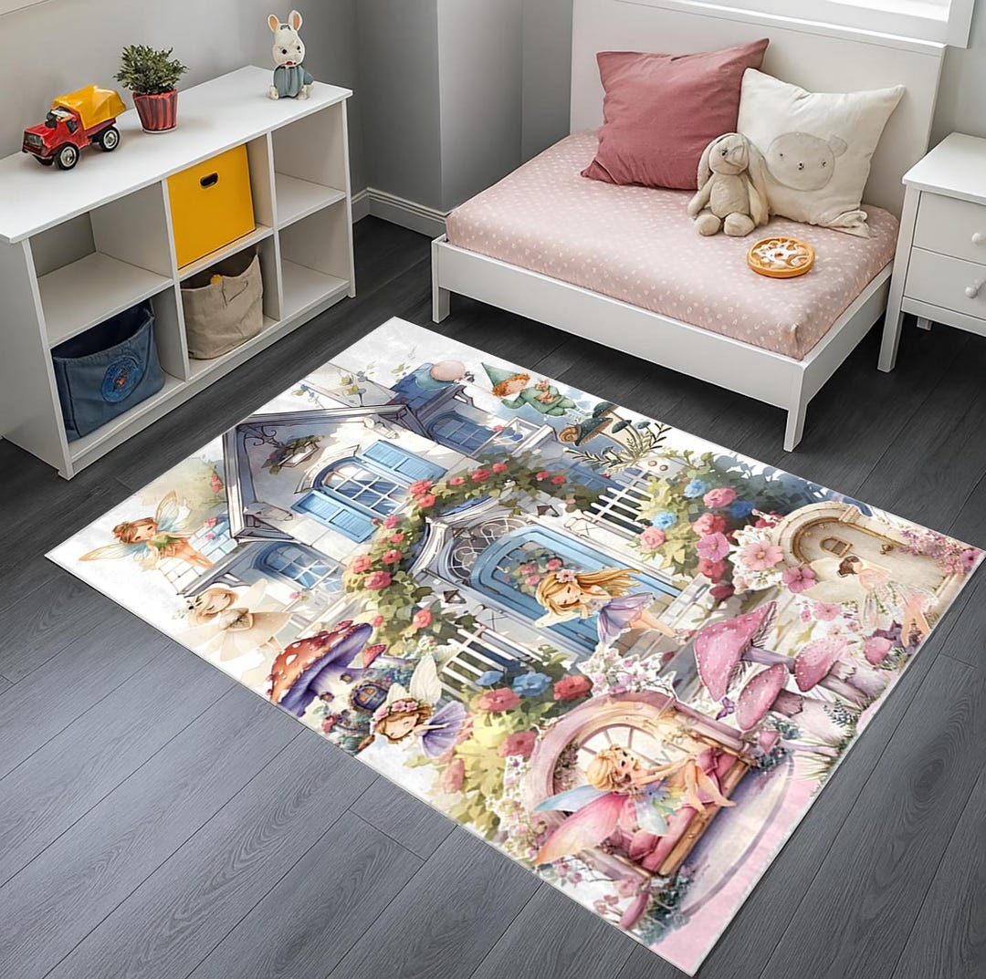 Fairy House Area Rug - Girls Nursery Rug - Pastel Fairy Village Carpet ...