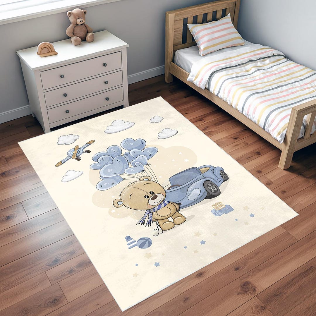 Teddy Bear Kids Rug – Washable Play Mat With Car and Balloons - Etsy