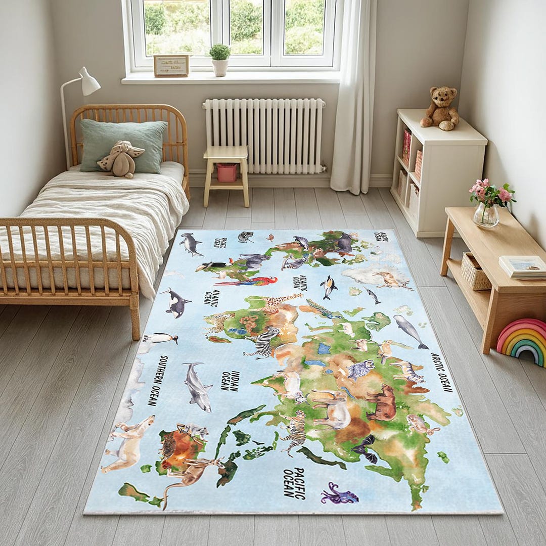 Kids World Map Rug With Animals – Washable Educational Play Mat for ...