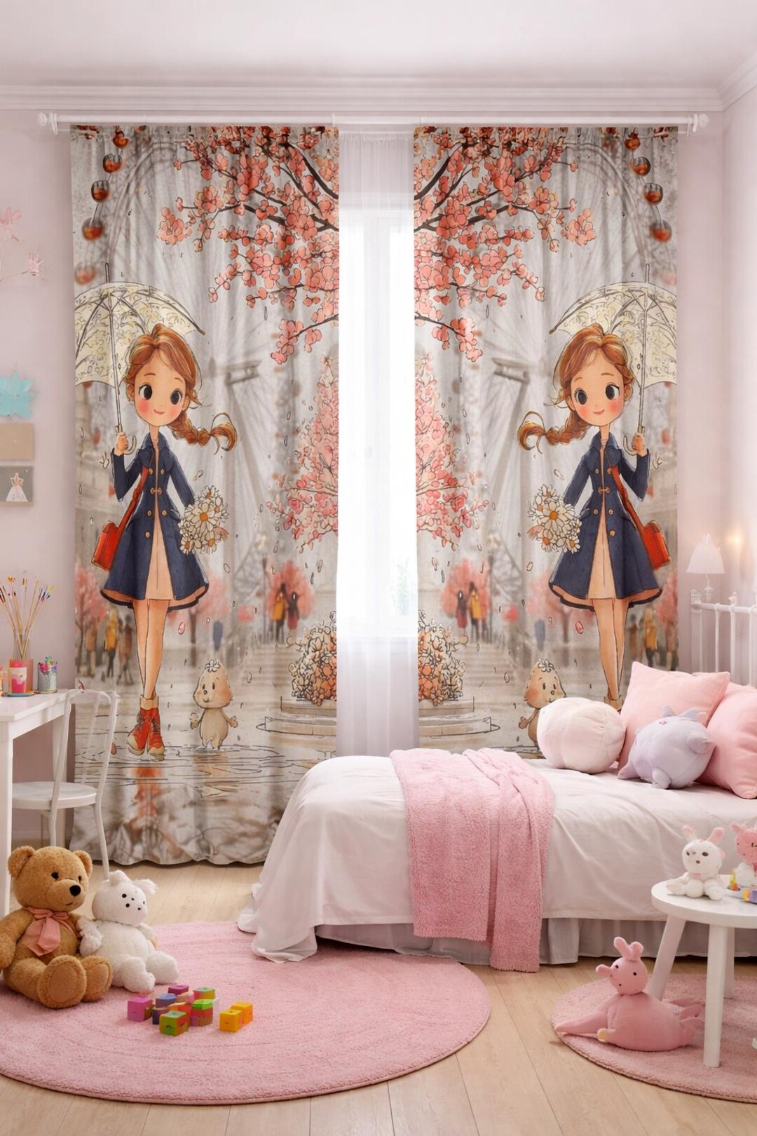 Rainy Day Girl Kids Room Curtain - Cute Illustrated Girl With Umbrella ...