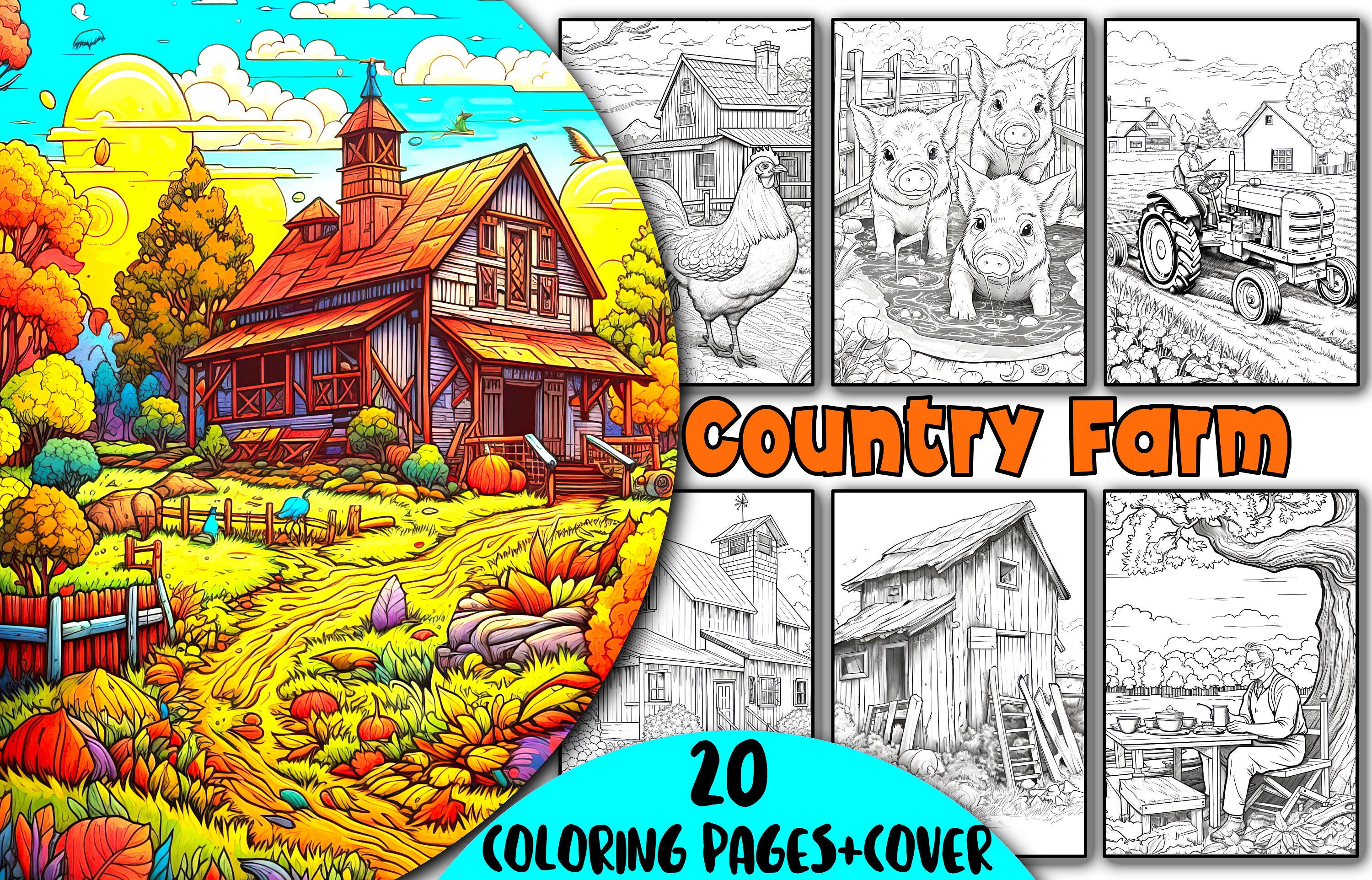 20 Country Farm Coloring Book for Adults, Country Farm Houses Coloring ...