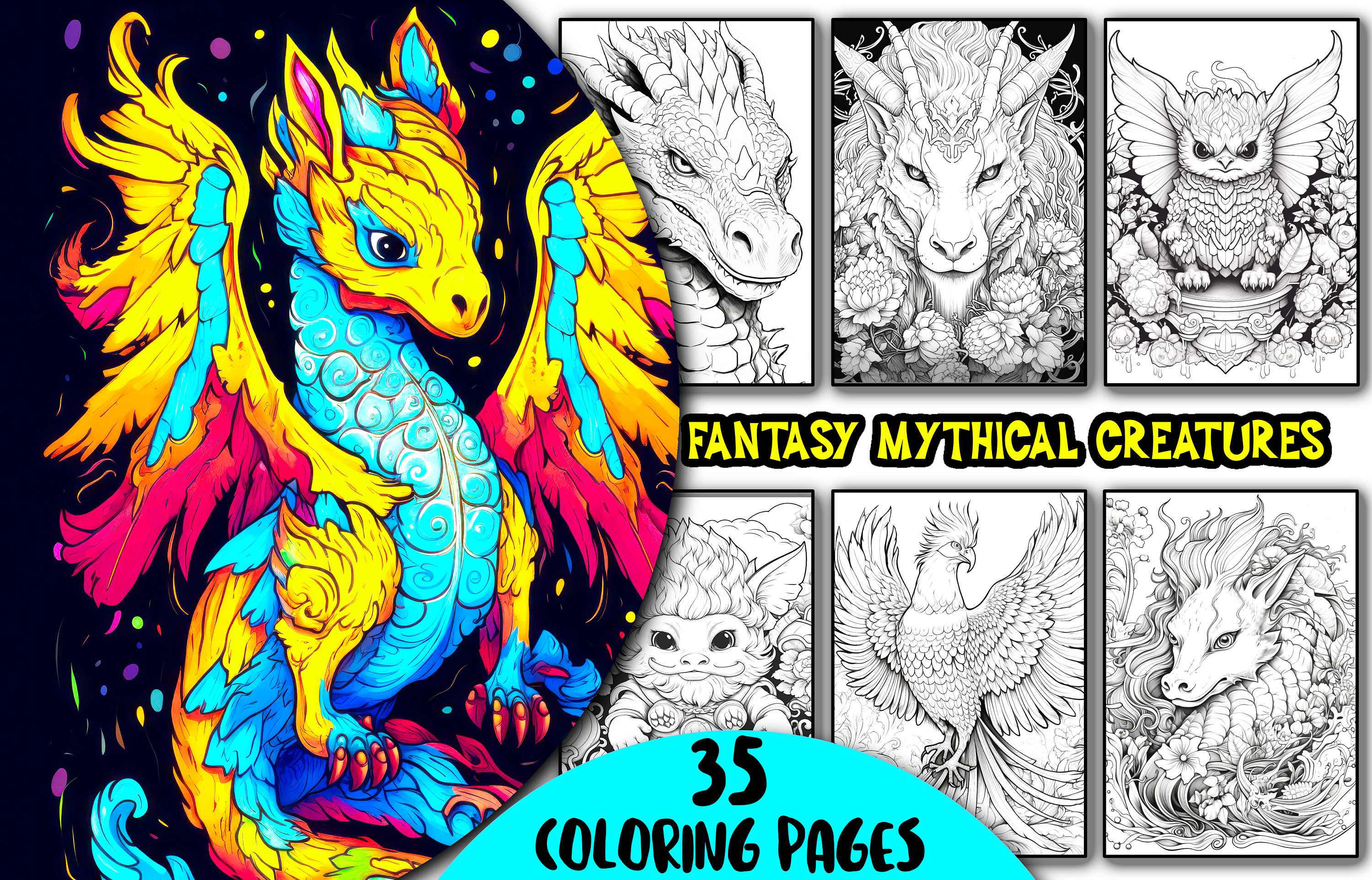 Fantasy Mythical Creatures Coloring Pages, Cute Magical Animals ...