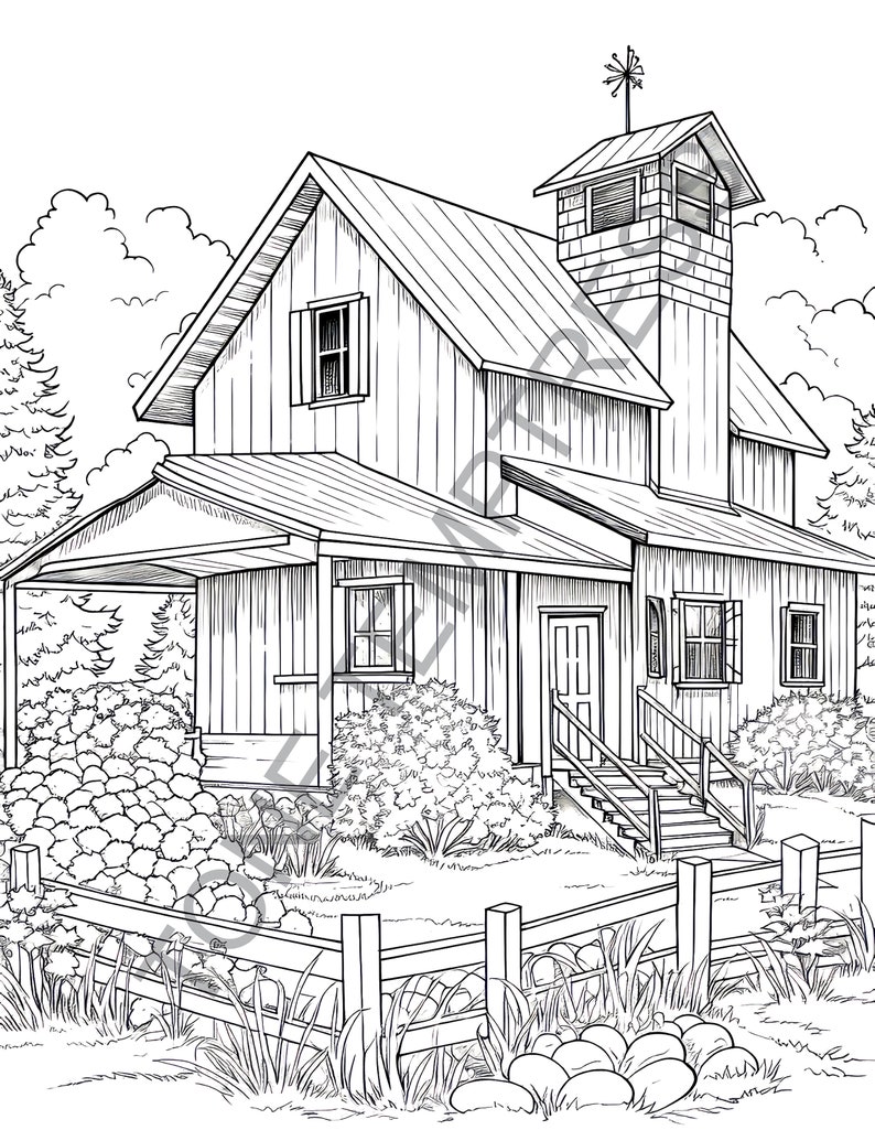 20 Country Farm Coloring Book for Adults, Country Farm Houses Coloring ...