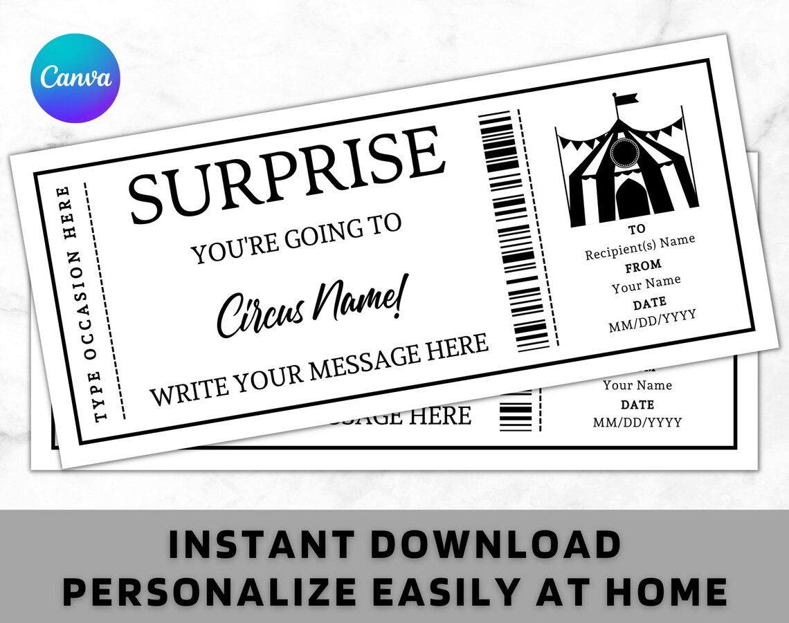 Surprise Circus Ticket Certificate Voucher Card Template - Printable ...