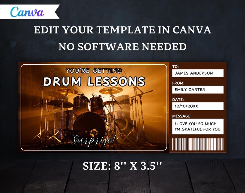 Drum Lessons Ticket Template - Drum Lessons Gift Voucher - Drum Lessons ...