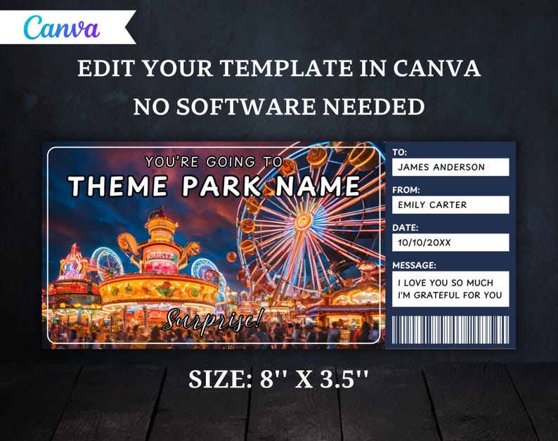 Theme Park Ticket Template - Theme Park Gift Voucher - Theme Park Trip ...