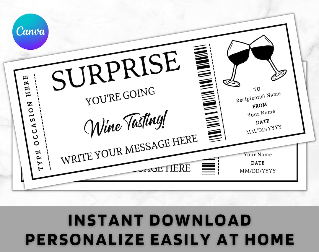 Surprise Wine Tasting Ticket Certificate Voucher Card Template ...