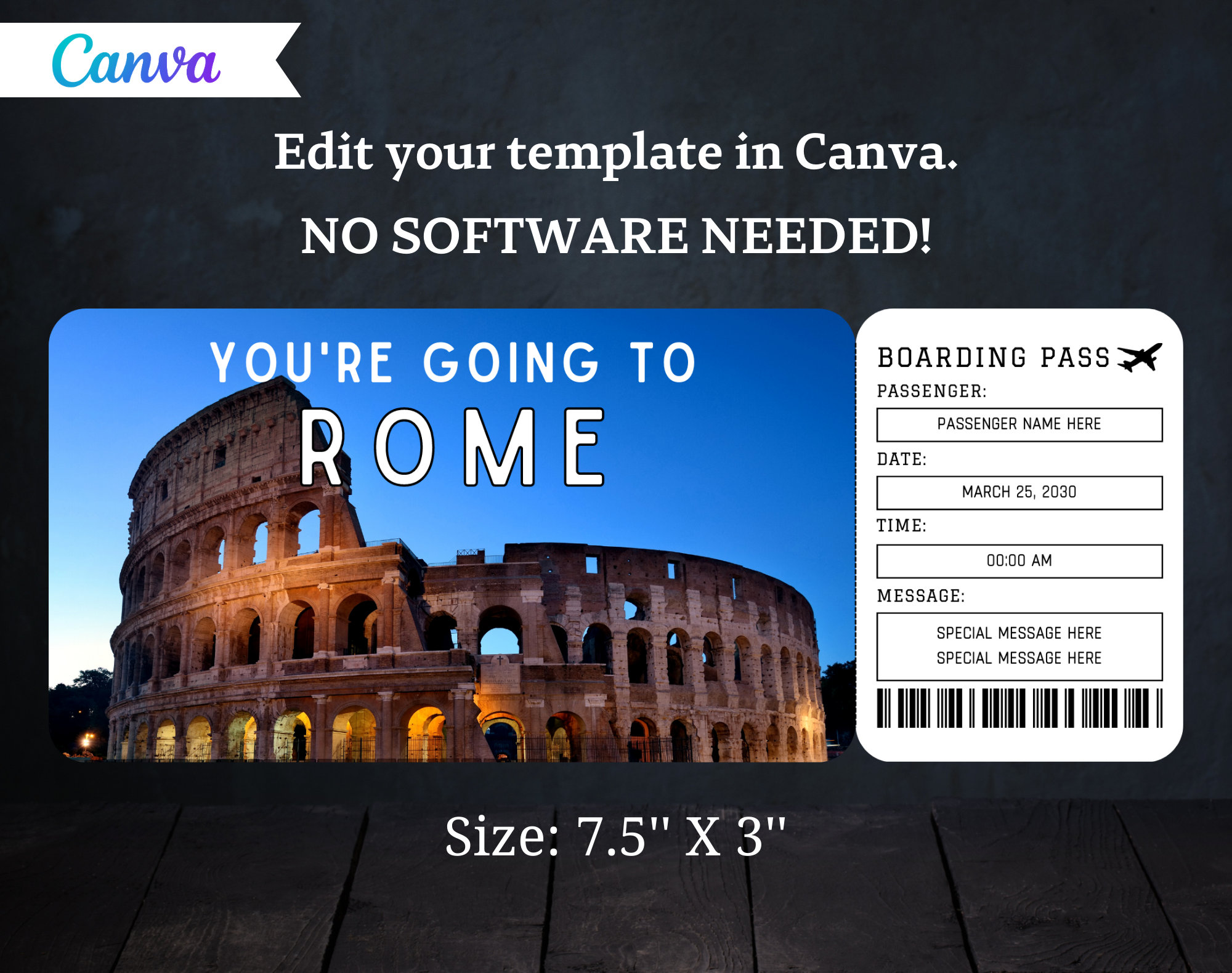 Rome Boarding Pass Ticket Template - Printable Gift Airplane Airline ...