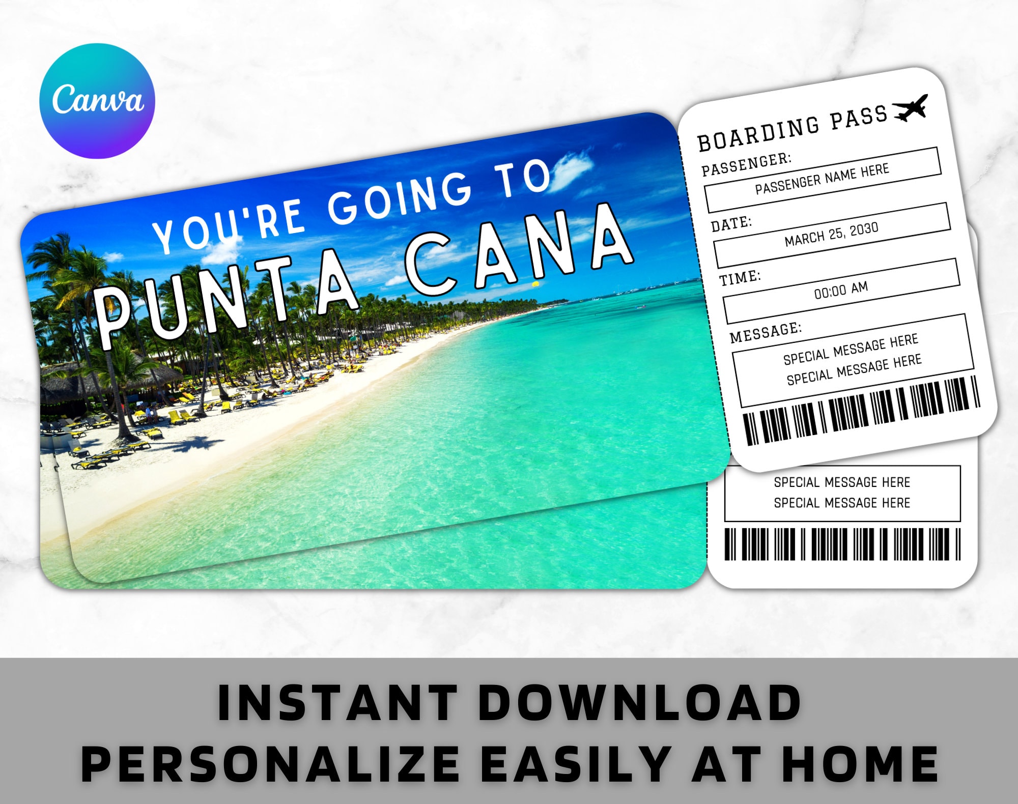 Punta Cana Boarding Pass Ticket Template - Printable Gift Airplane ...