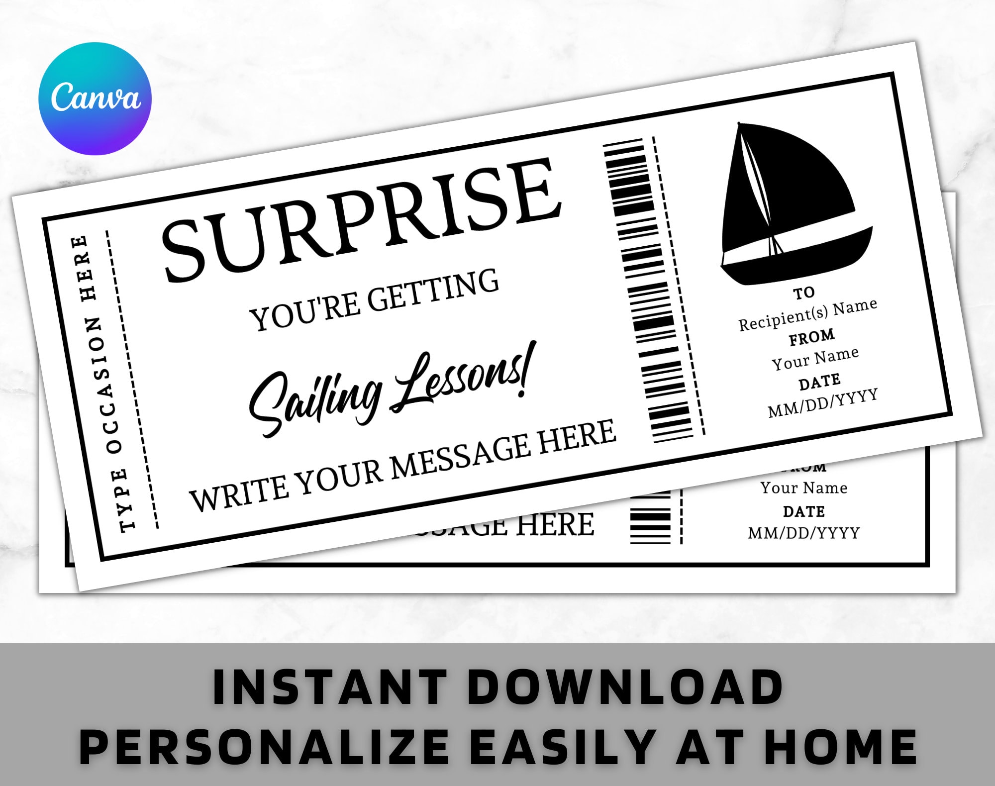 Surprise Sailing Lessons Ticket Certificate Voucher Card Template ...