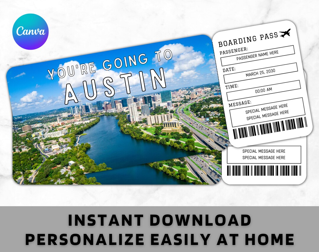 Austin Boarding Pass Ticket Template - Printable Gift Airplane Airline ...