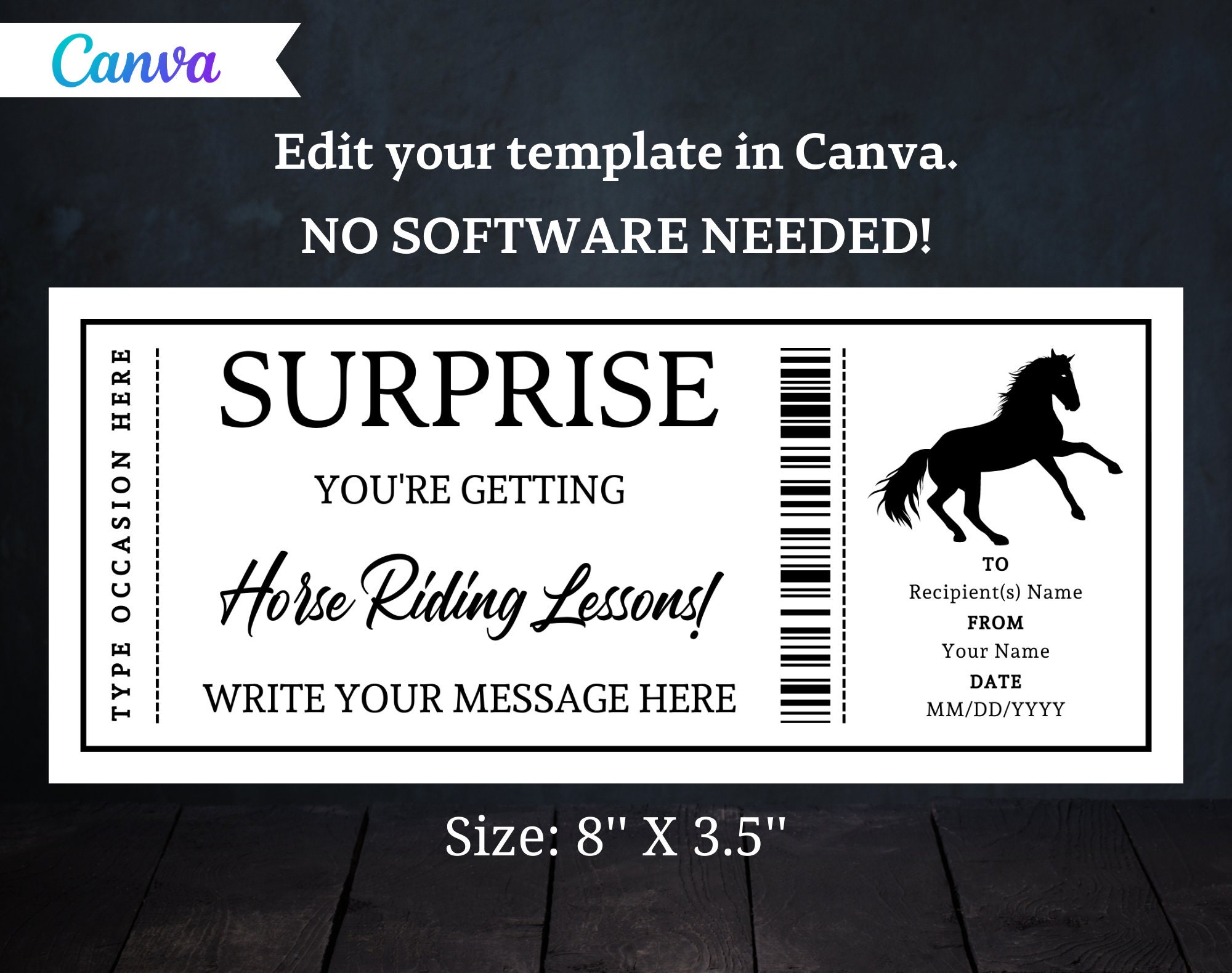 Surprise Horse Riding Lessons Ticket Certificate Voucher Card Template ...
