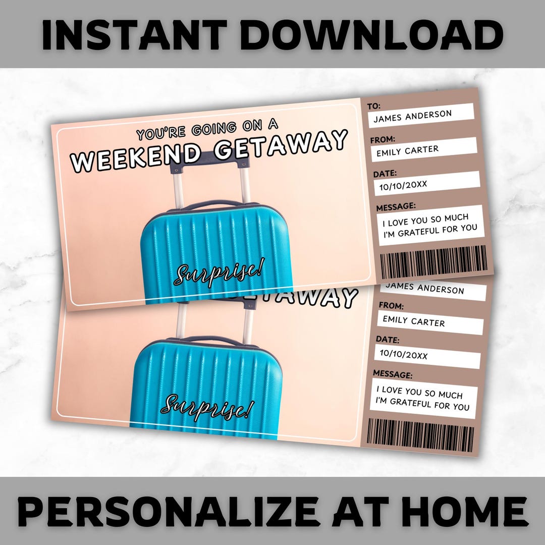 Weekend Getaway Ticket Template - Weekend Away Gift Voucher - Pack Your ...