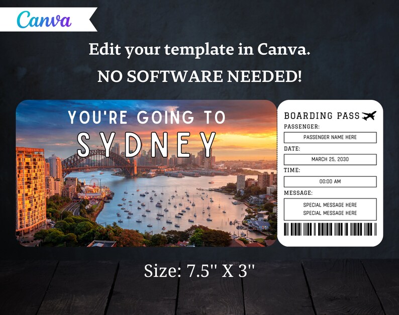 Sydney Boarding Pass Ticket Template Printable Gift Airplane - Etsy