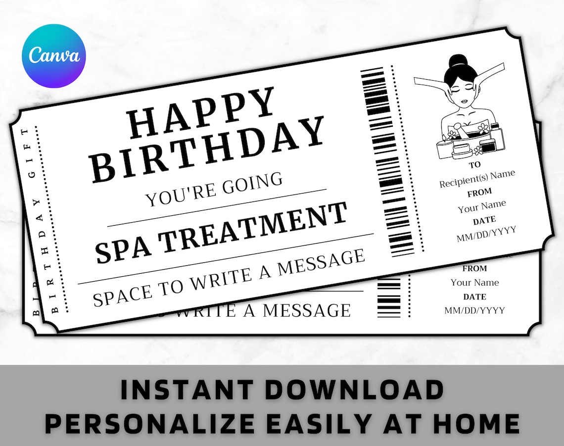 Birthday Spa Treatment Gift Ticket - Birthday Massage Gift Voucher Card ...