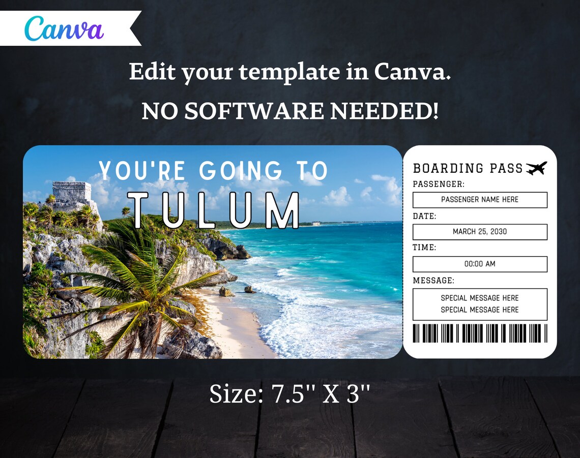 Tulum Boarding Pass Ticket Template Printable Gift Airplane Airline ...